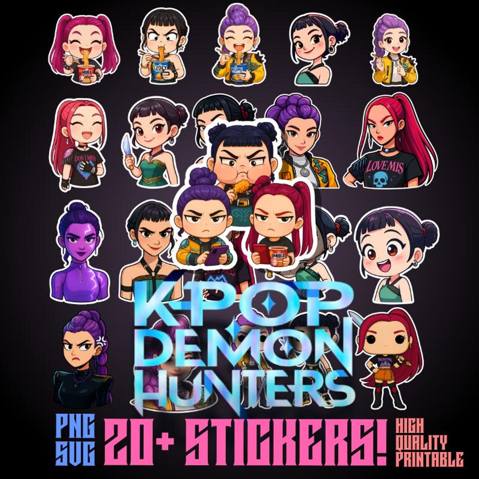 KPOP Demon Hunters Sticker Pack | 20+ Hunterix Printable PNG SVG | Zoey ...