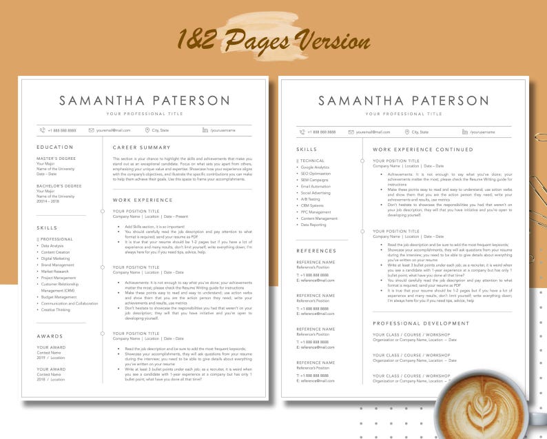 Modern CV Resume Template for Word, Google Docs, Pages, CV Template, Cv ...