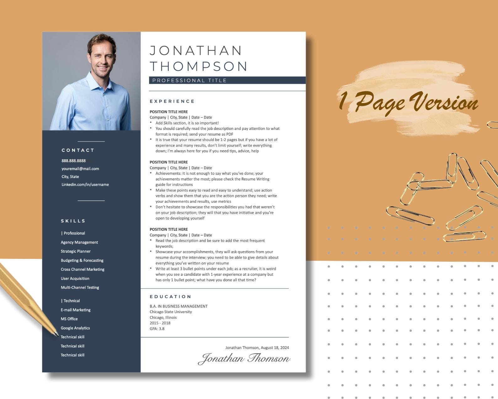 Morden Resume Template CV for Word, Google Docs, Pages, CV Template, Cv ...
