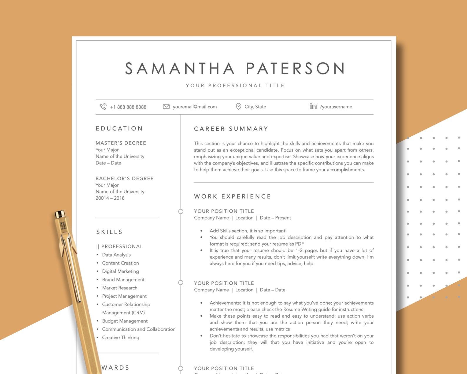 Modern CV Resume Template for Word, Google Docs, Pages, CV Template, Cv ...