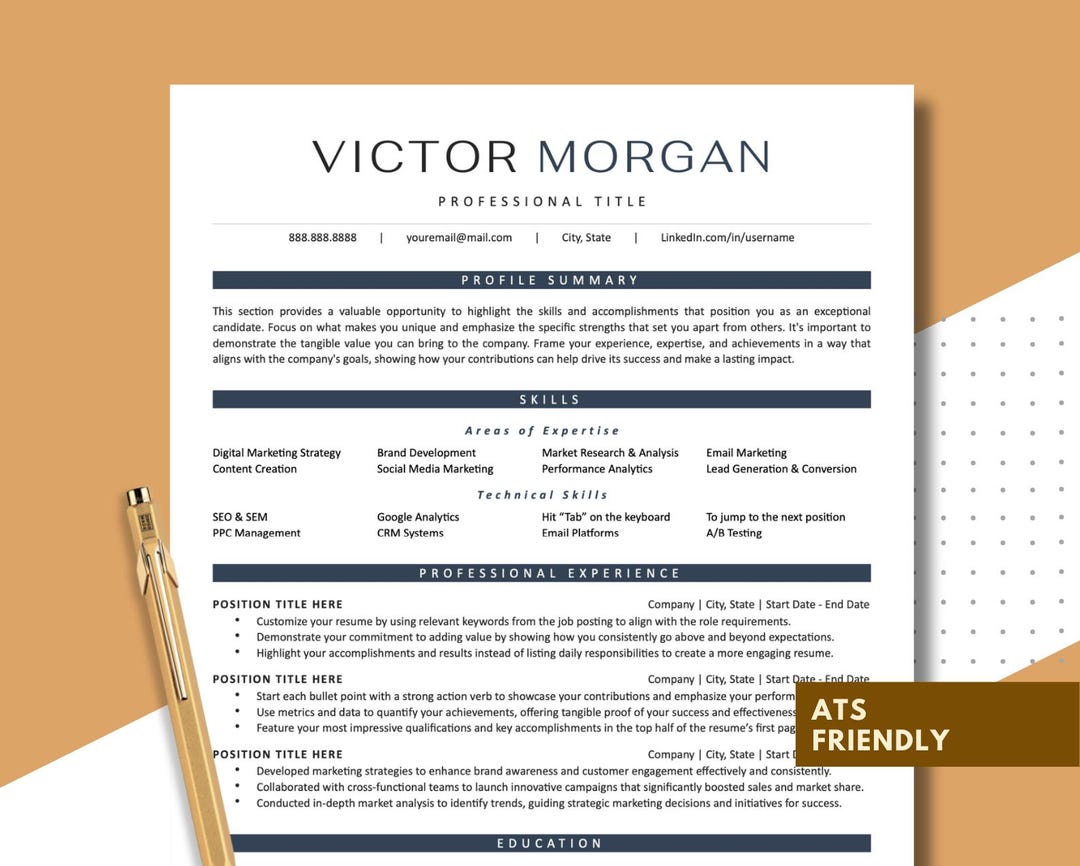 ATS Friendly Resume Blue Template for Word, Google Docs, Pages, CV ...