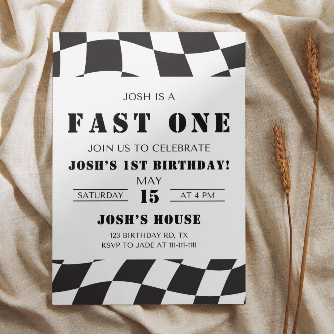 Fast One Birthday Invitation: Racing Theme, Checkered Flag (digital ...