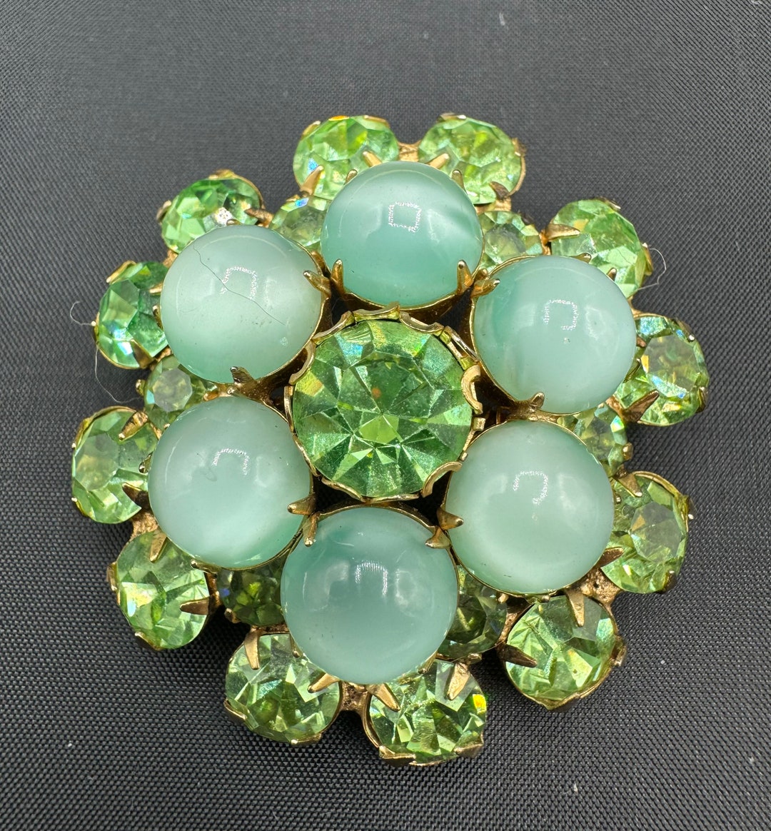 Vintage Regency Signed Domed Sea Green Stones and Green Rhinestones ...