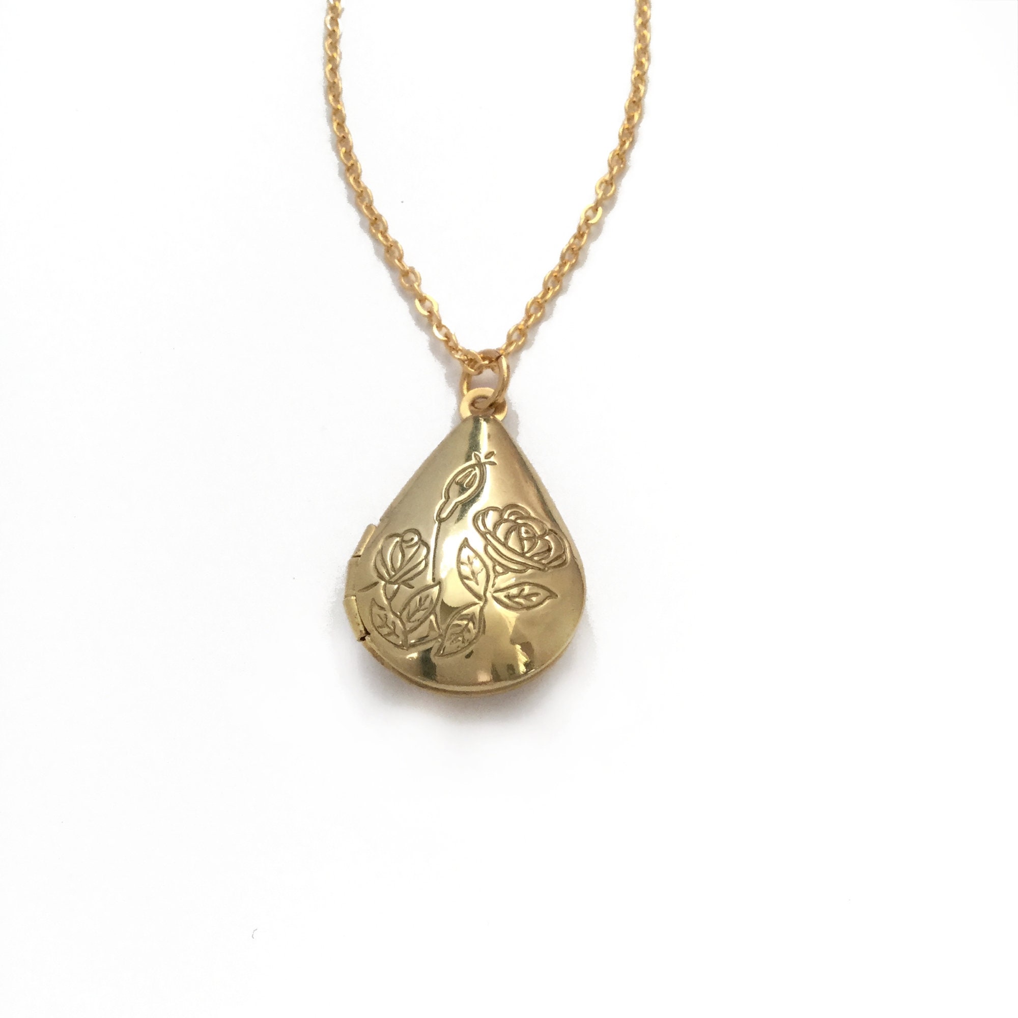 Floral Teardrop Locket Necklace, Golden Brass Flower Locket, Antique ...