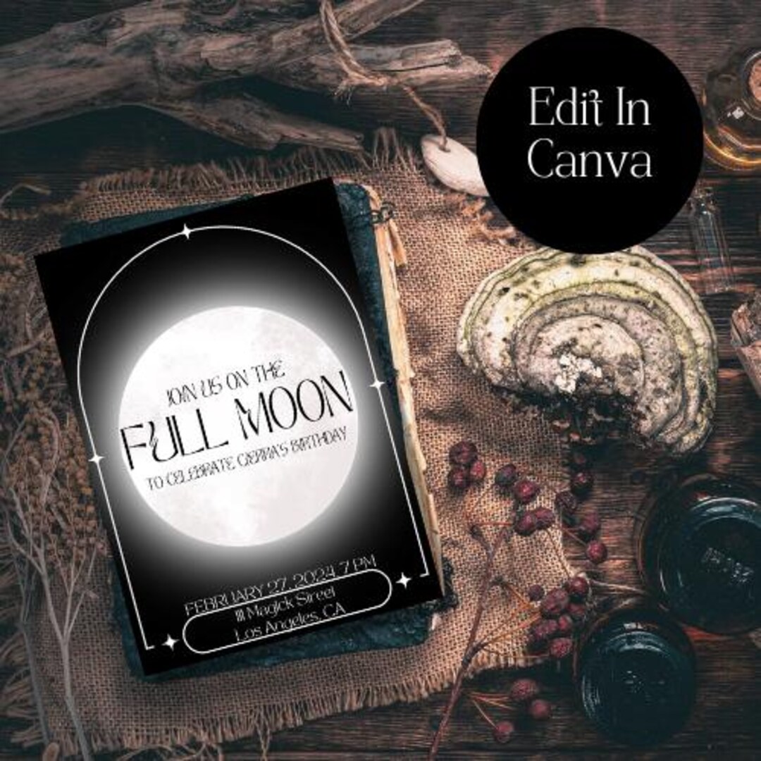 Full Moon Birthday Invitation - Witchy Party Invite Customizable Canva ...