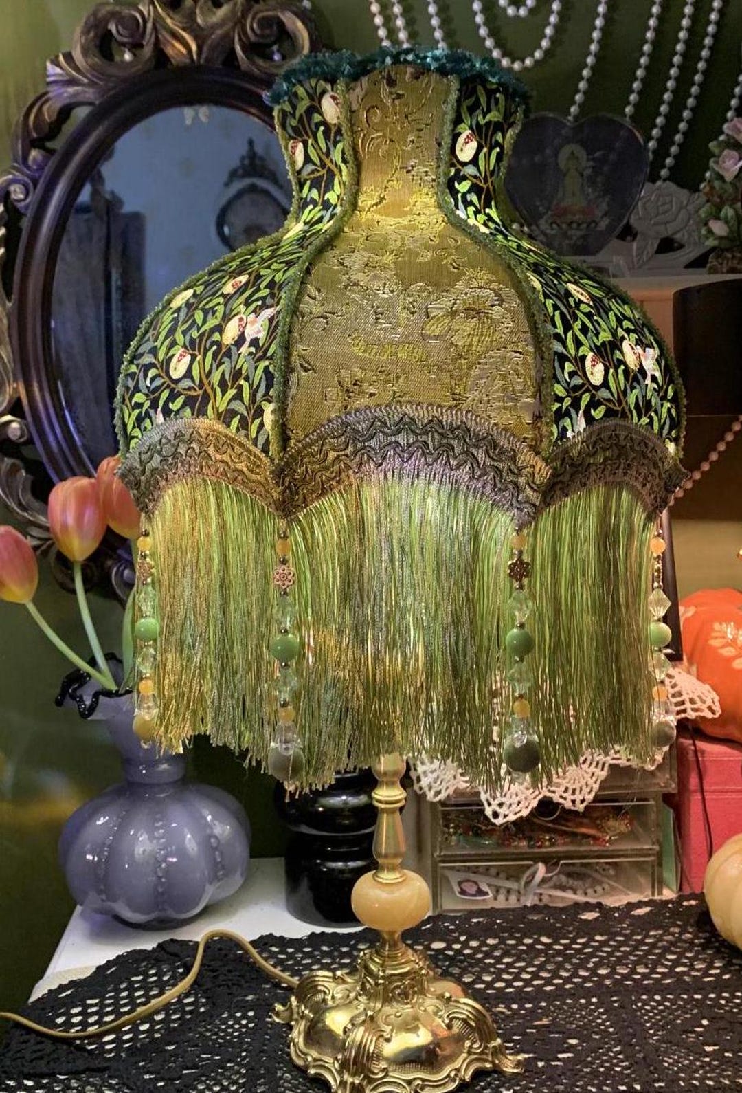 French Vintage Green Tassel Lace "enchanted Forest" Table Lamp ...