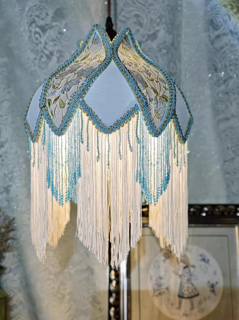 French Vintage Blue Tassel Lampshade – Chandelier Shade or Table Lamp ...