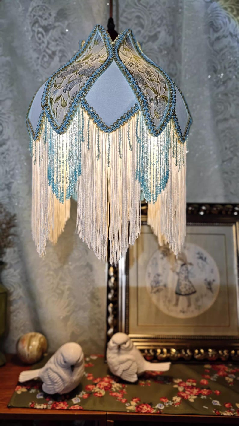 French Vintage Blue Tassel Lampshade – Chandelier Shade or Table Lamp ...