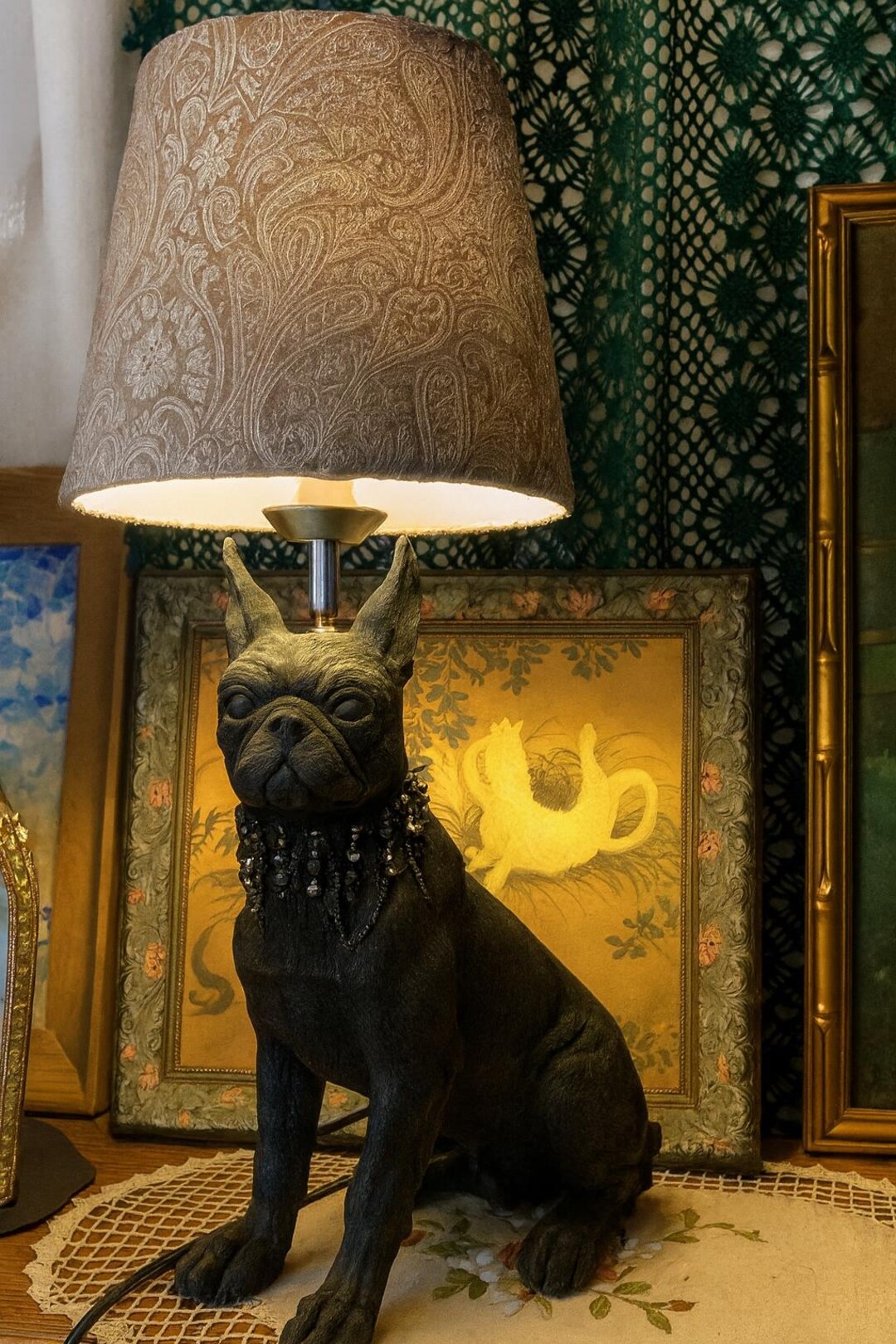 Boston Terrier Dog Lamp | Upcycled Vintage Paisley Table Lamp - Etsy