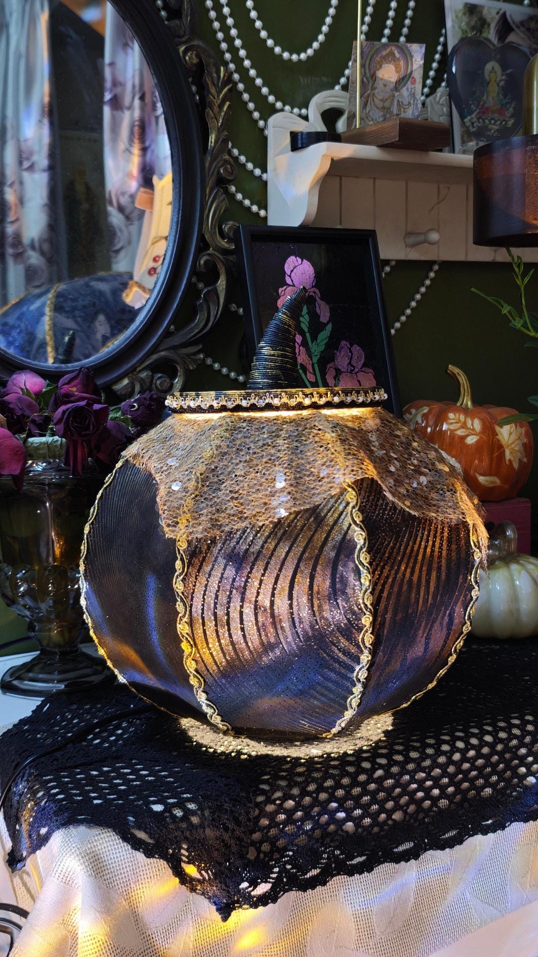 Handmade Gothic Pumpkin Lamp – Glitter Leather & Lace Halloween Decor ...