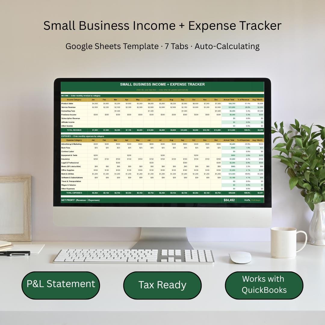 Small Business Income Expense Tracker | Google Sheets P&L Template ...