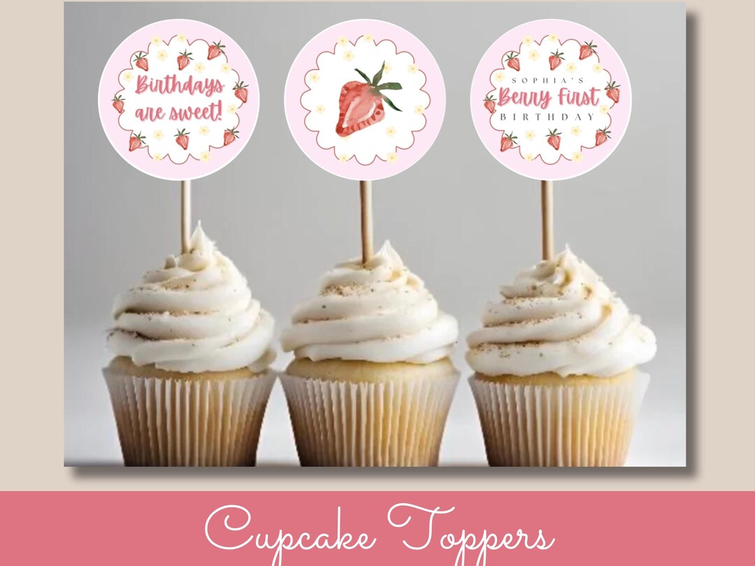 Strawberry Cupcake Topper Template, Strawberry Birthday Party Cupcake ...