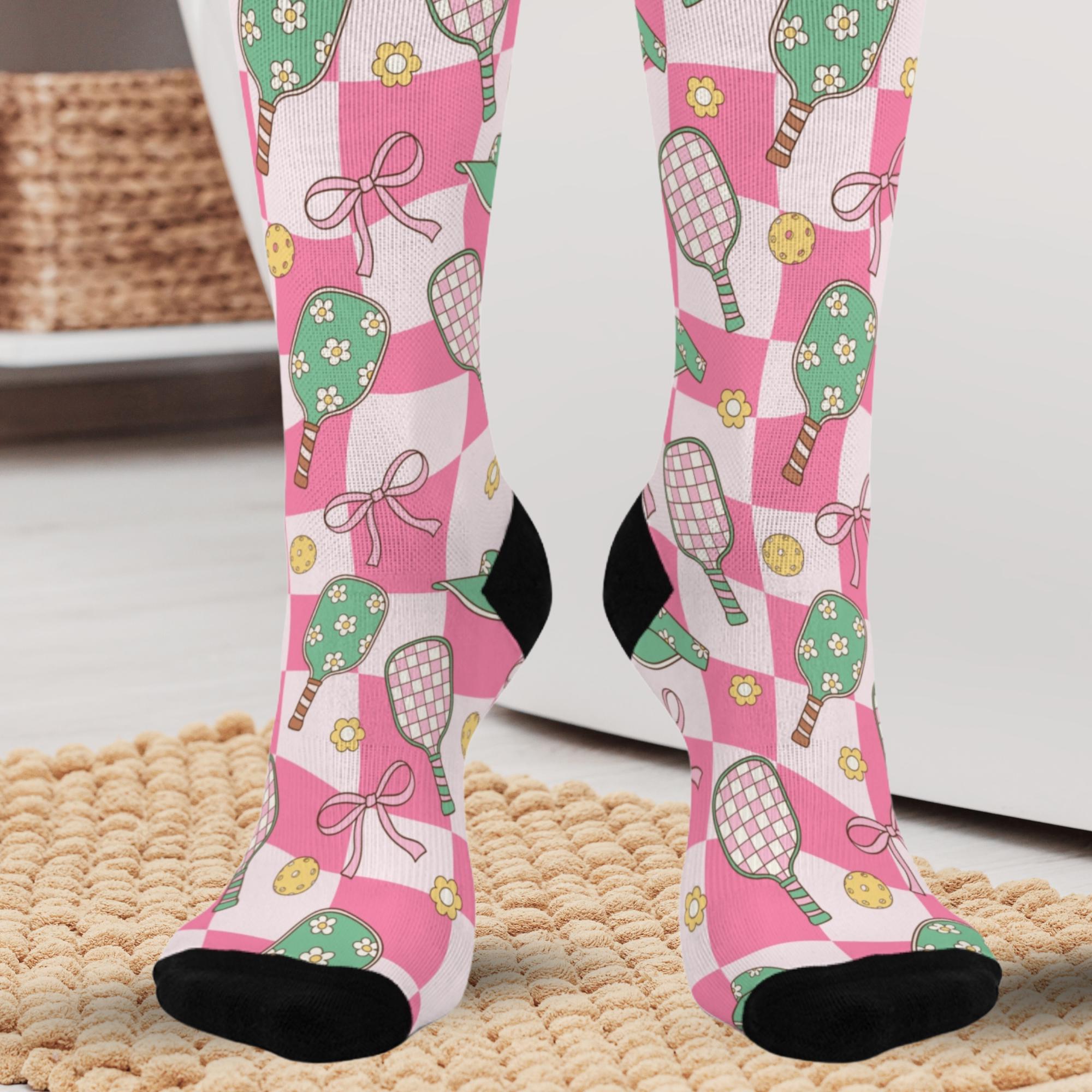 Girly Retro Pickleball Socks Gift for Pickleball Lover, Pink and Green ...