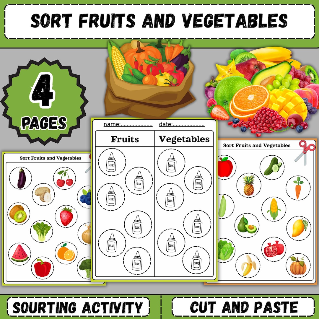 Sort Fruits and Vegetables Worksheet | Cut and Paste Sorting Activity ...