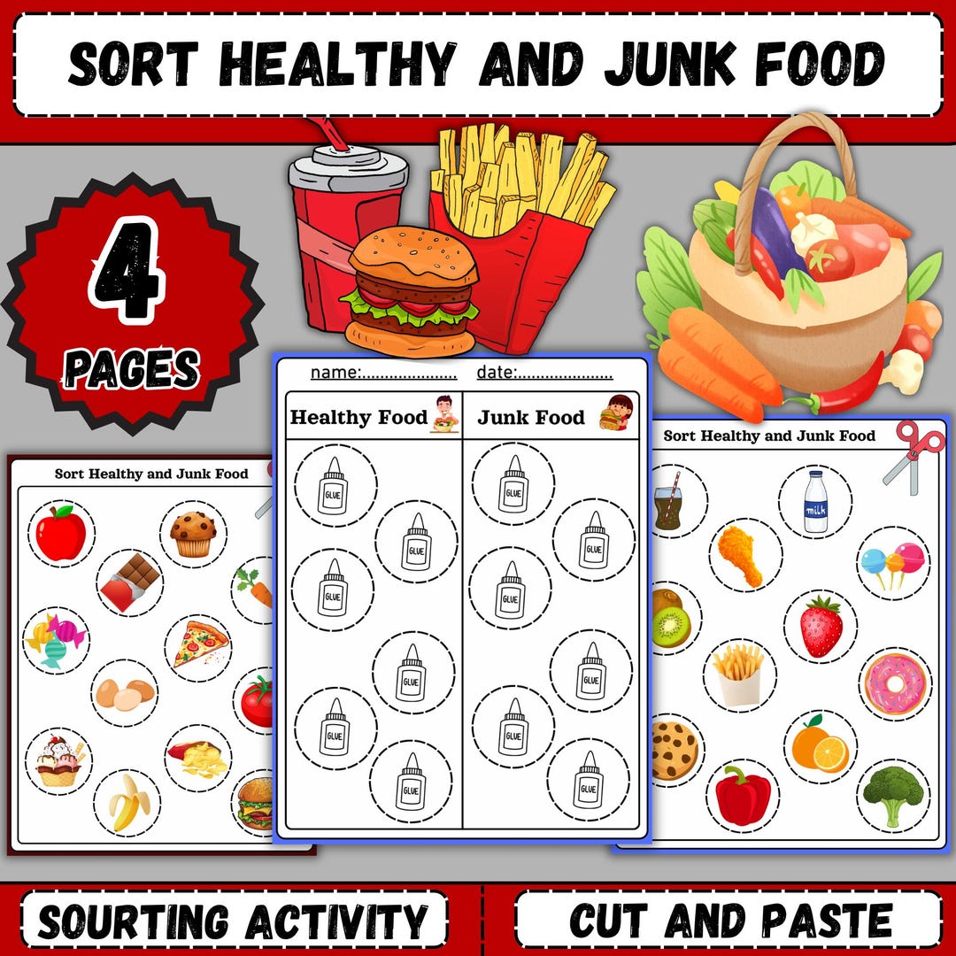 Sort Healthy and Junk Food | Cut and Paste Sorting Worksheet ...