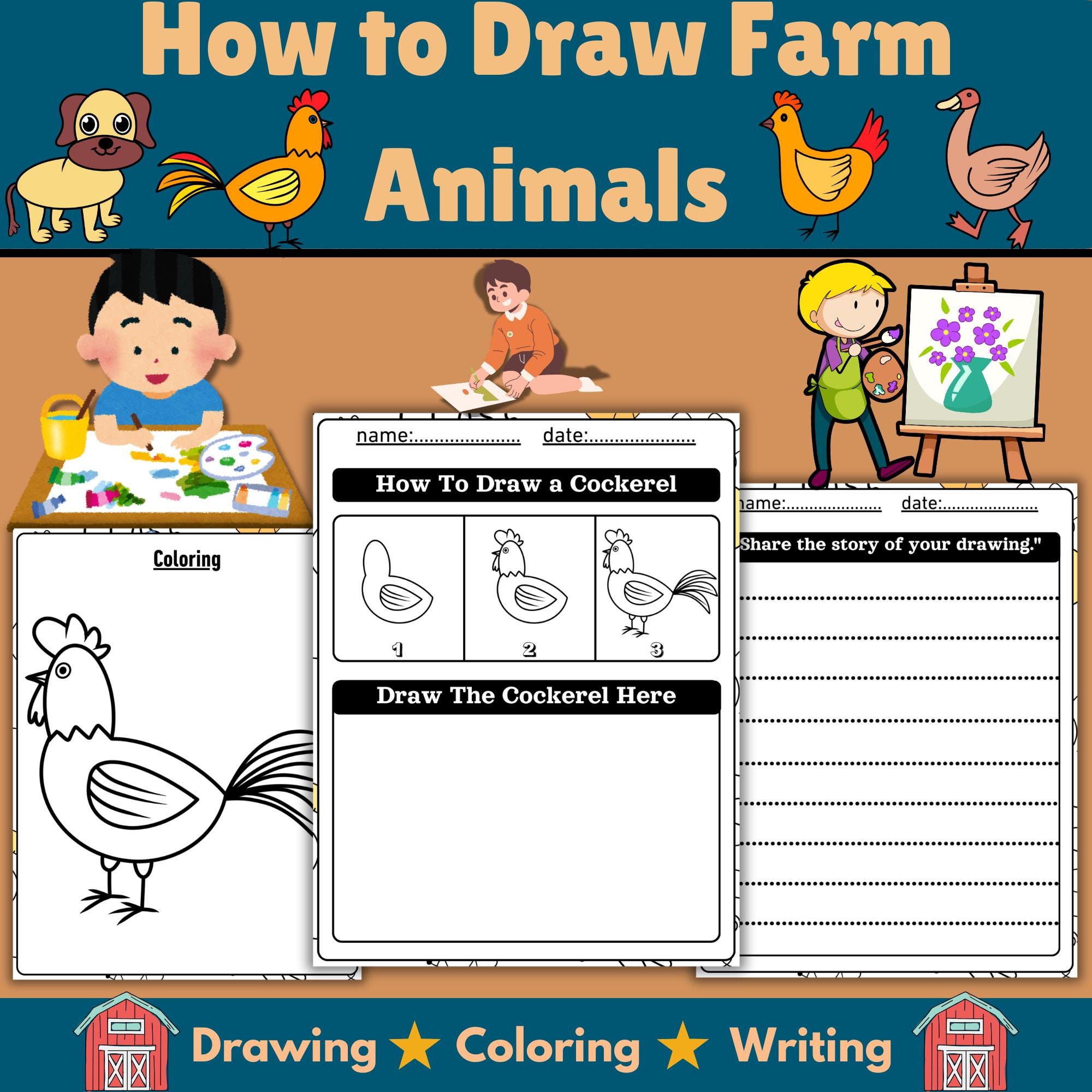 How to Draw Farm Animal | Step-by-step Drawing | Printable Drawing ...