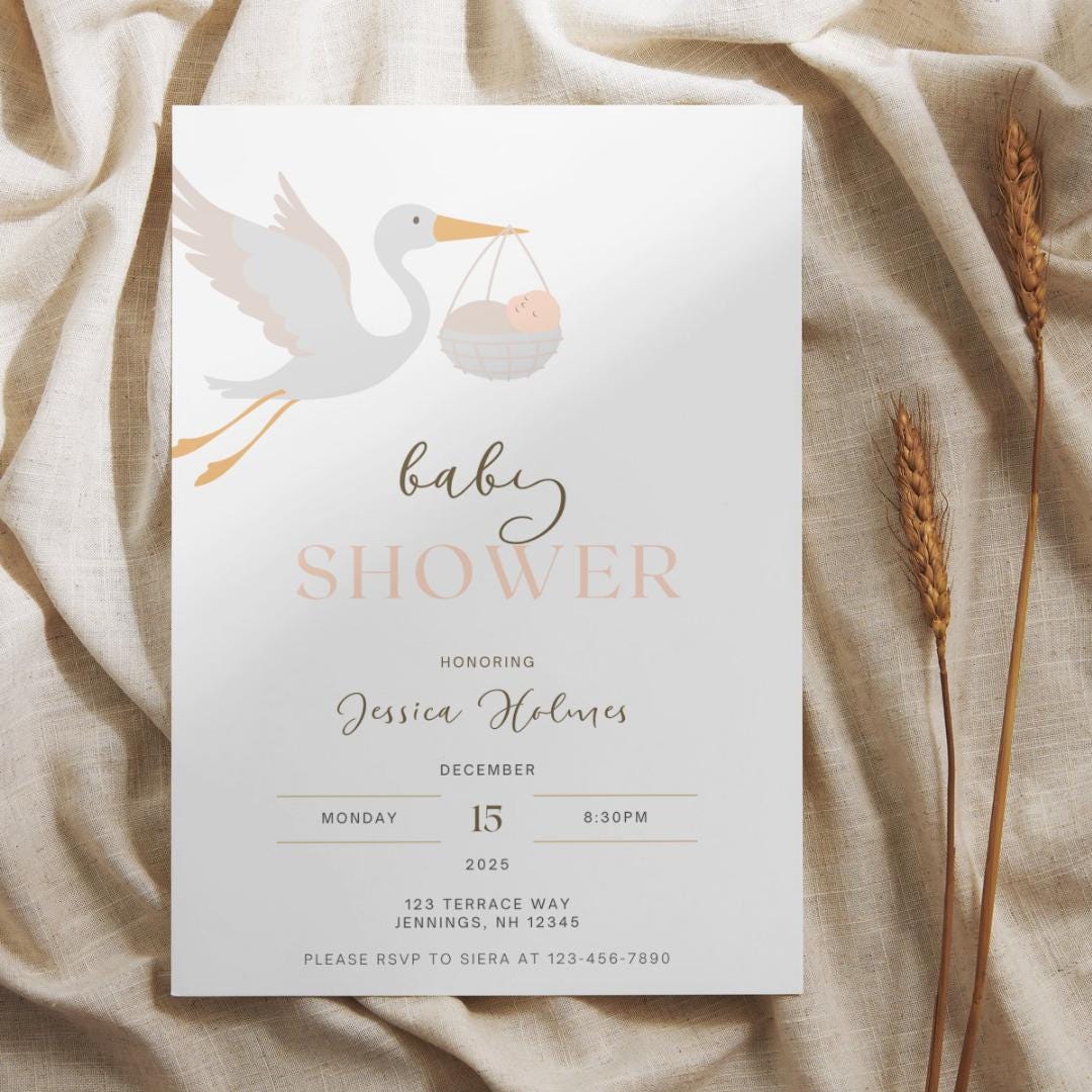 Stork Baby Shower Invitation Template | Printable, Classic (editable ...