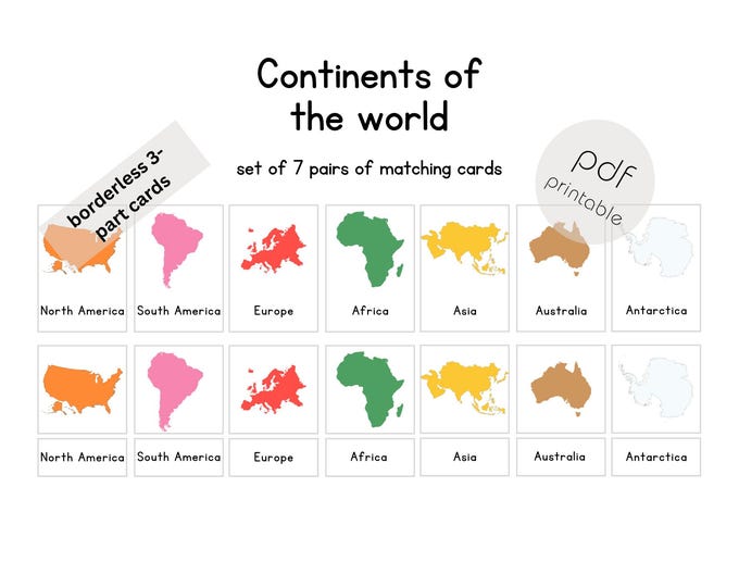 CONTINENTS Montessori Three-part Cards - Etsy Canada