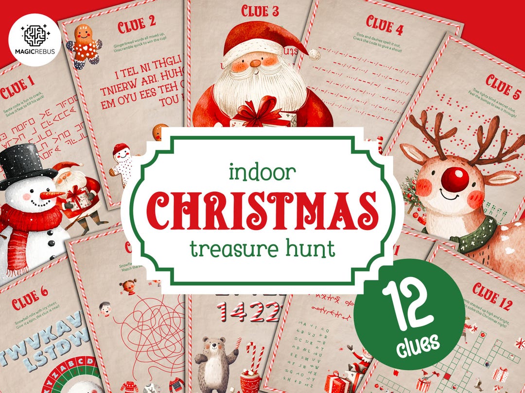 Christmas Treasure Hunt Clues for Kids, Holiday Scavenger Hunt, Indoor ...