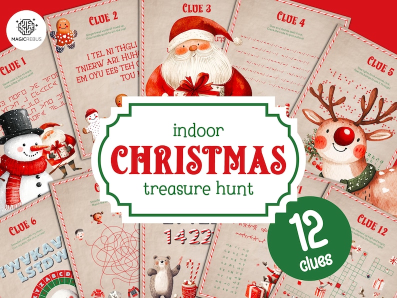 Christmas Treasure Hunt Clues for Kids, Holiday Scavenger Hunt, Indoor ...