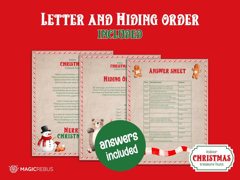 Christmas Treasure Hunt Clues for Kids, Holiday Scavenger Hunt, Indoor ...