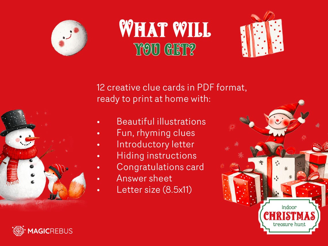Christmas Treasure Hunt Clues for Kids, Holiday Scavenger Hunt, Indoor ...