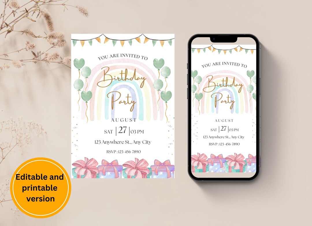 Pastel Rainbow Birthday Invitation, Pastel Birthday Invite, Girl ...