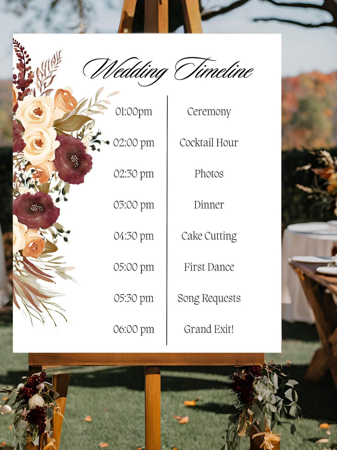 Burnt Orange and Burgundy Boho Wedding Timeline Sign, Editable Fall ...