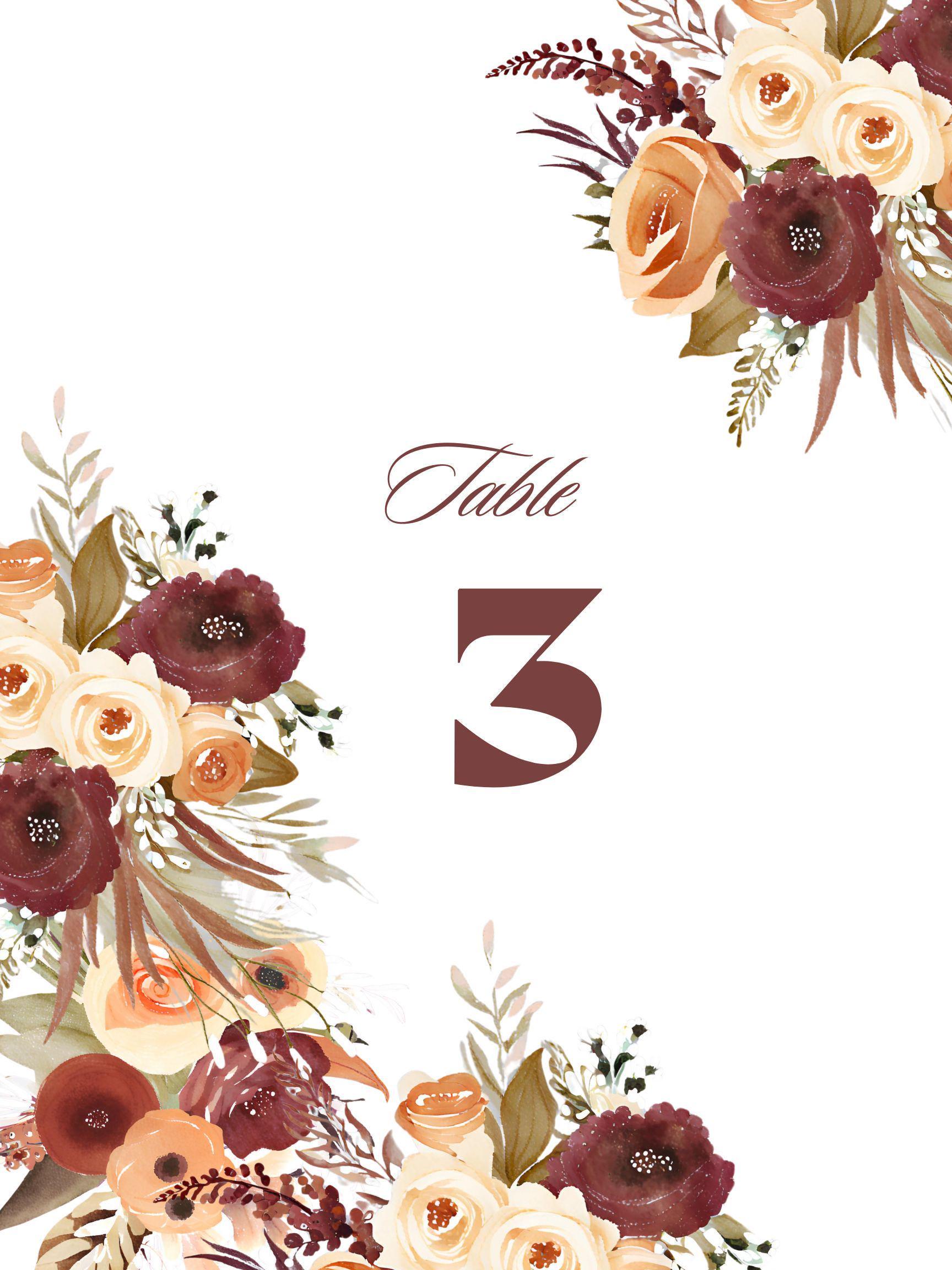 Boho Burnt Orange and Burgundy Wedding Table Sign Templates, Editable ...