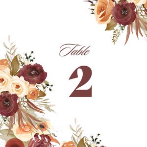 Boho Burnt Orange and Burgundy Wedding Table Sign Templates, Editable ...