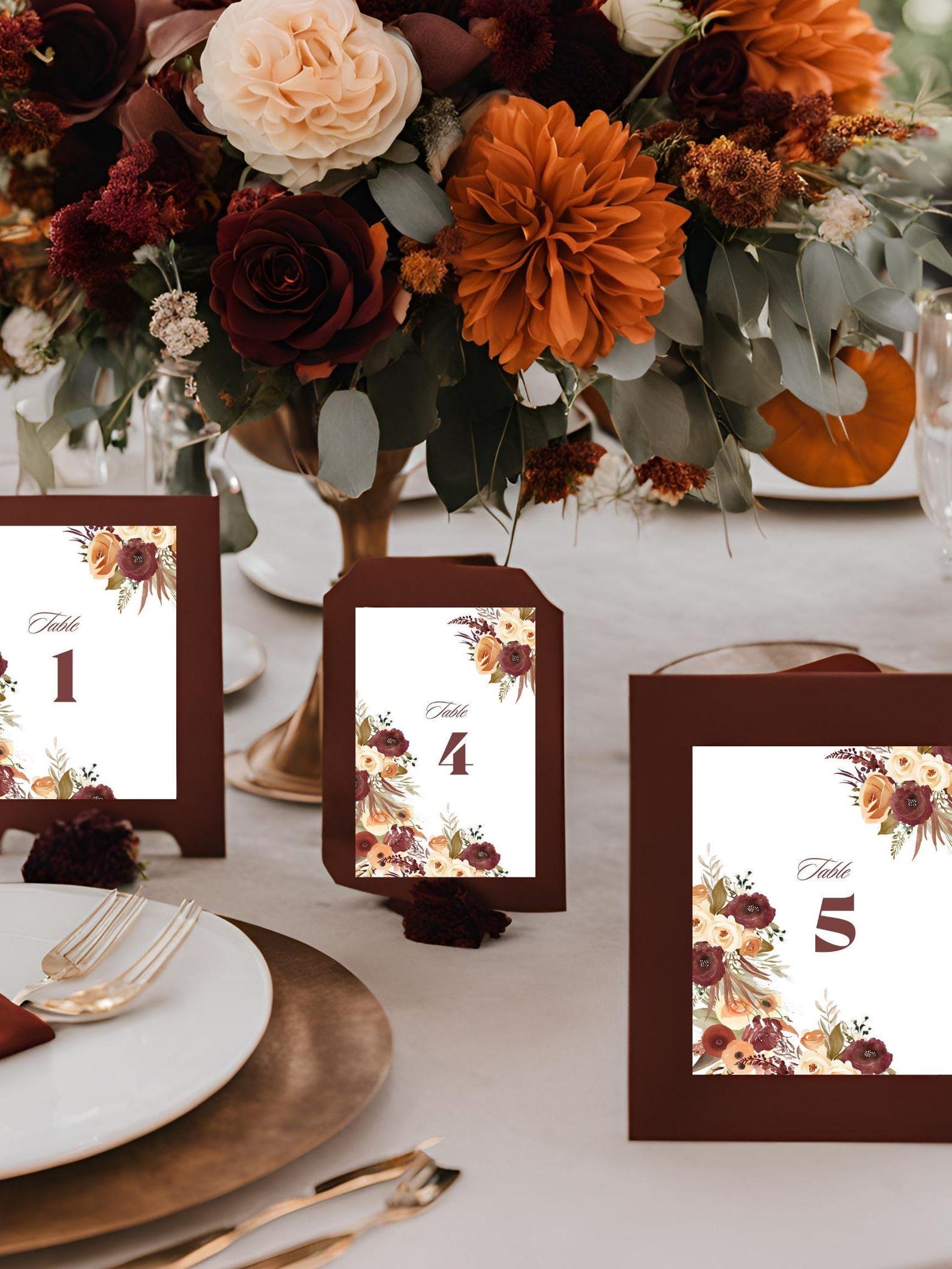 Boho Burnt Orange and Burgundy Wedding Table Sign Templates, Editable ...