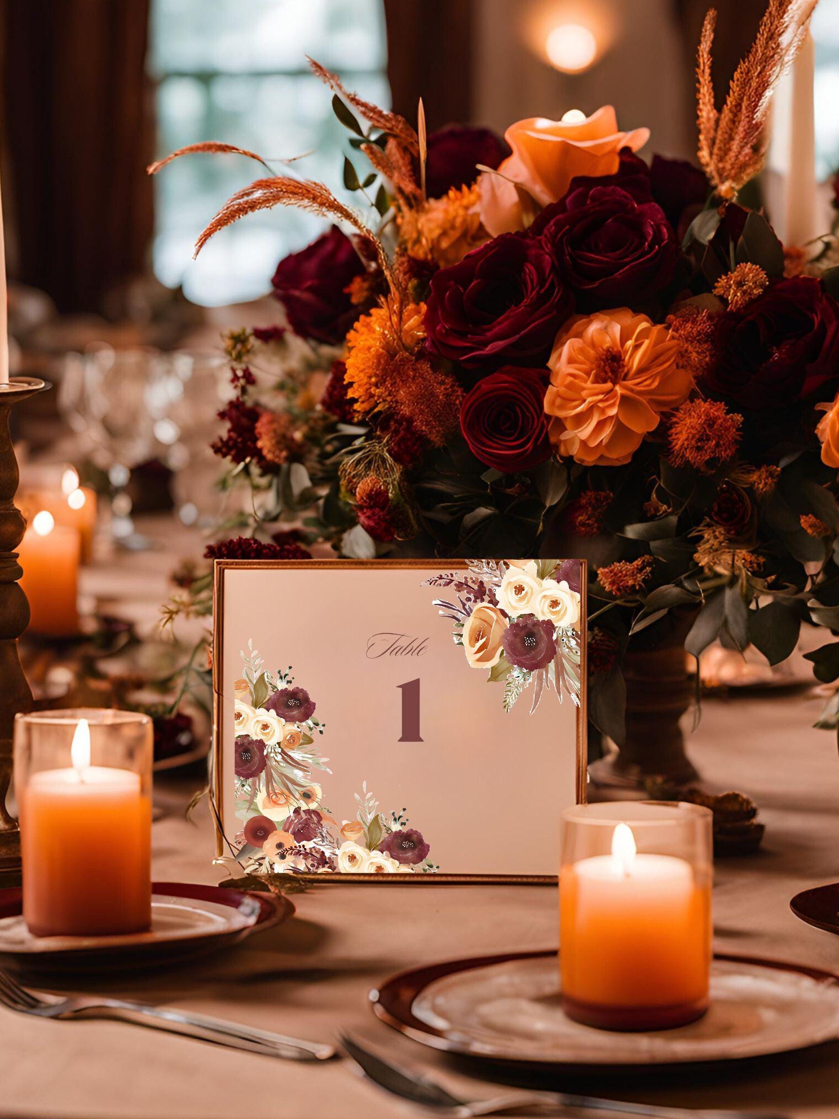 Boho Burnt Orange and Burgundy Wedding Table Sign Templates, Editable ...
