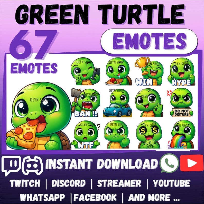 MEGA 67 Emote Emoji Bundle Green Turtle for Twitch, Discord, Kick ...