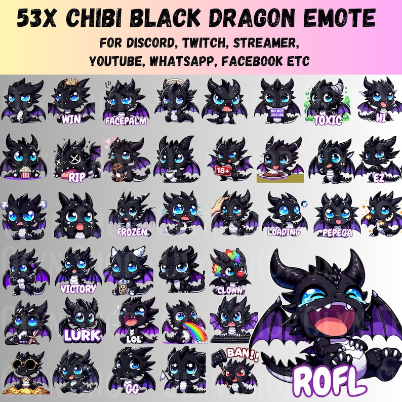 53 Chibi BLACK DRAGON Emotes Emojis Pack for Twitch, Discord, Kick ...