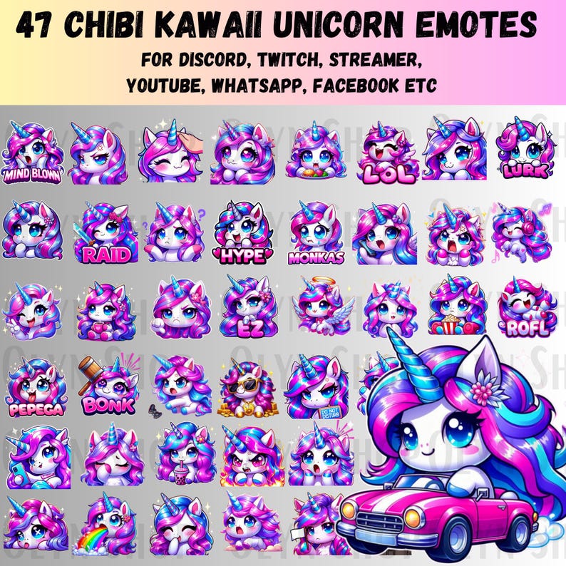MEGA 47 Emote Emoji Bundle CHIBI Kawaii UNICORN Whatsapp | Twitch ...