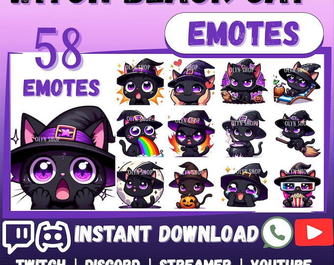 MEGA 58 Emote Emoji Bundle Chibi Witch BLACK CAT for Twitch, Discord ...
