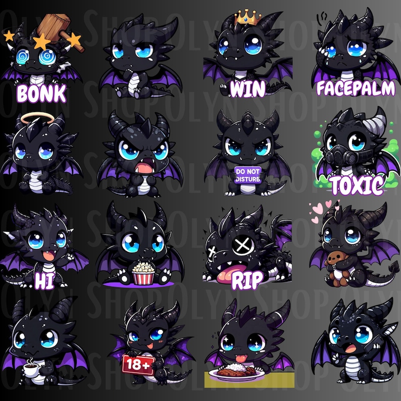 MEGA 53 Emote Emoji Bundle Chibi BLACK DRAGON for Twitch, Discord, Kick ...