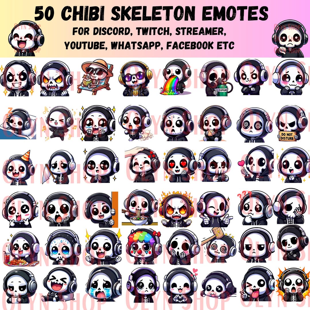 50 Chibi SKELETON SKULL EMOTES Pack Whatsapp | Twitch | Discord ...