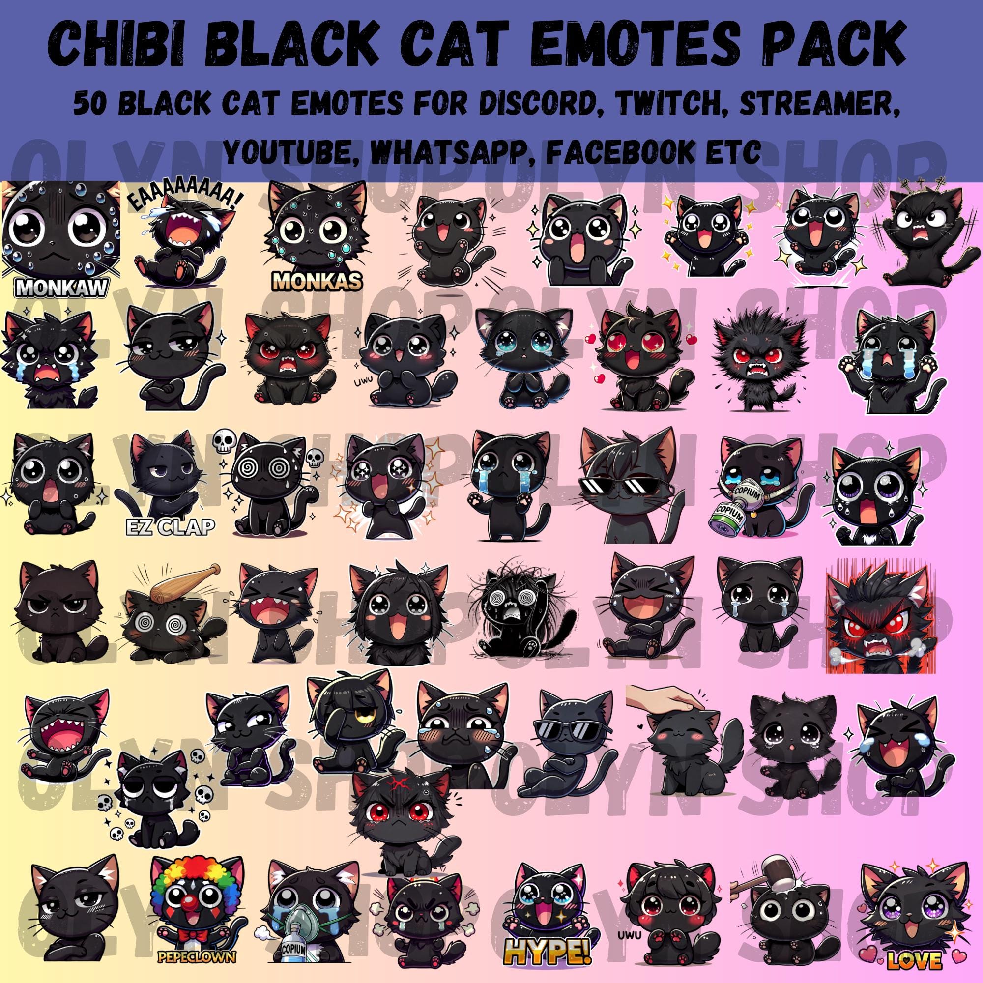 50 Chibi Black Cat Emotes Emojis for Twitch, Discord, Kick, Youtube ...