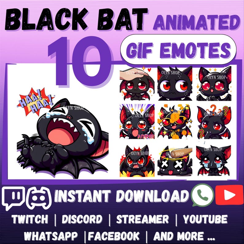 10x BLACK BAT ANIMATED Gif Emotes Pack for Twitch, Discord, Kick ...