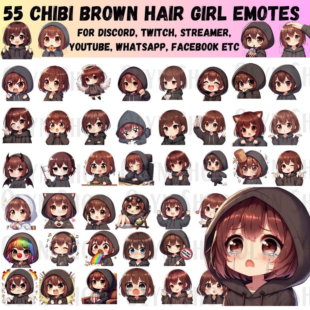 55x CHIBI Kawaii Brown Short Hair Girl Emoji Emote Pack for Whatsapp ...