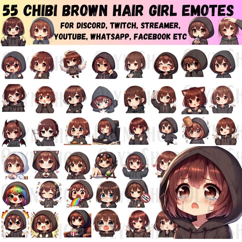 55 Chibi Girl Hoodie Emotes Mega Pack | Cute Twitch Emotes, Discord ...