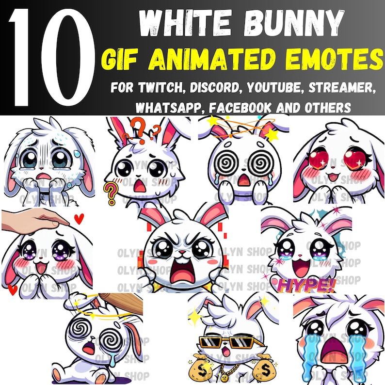 10 WHITE BUNNY ANIMATED Emotes Pack Whatsapp | Twitch | Discord ...