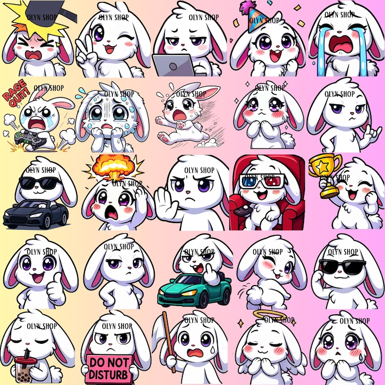MEGA 66 Emote Emoji Bundle White BUNNY Whatsapp | Twitch | Discord ...