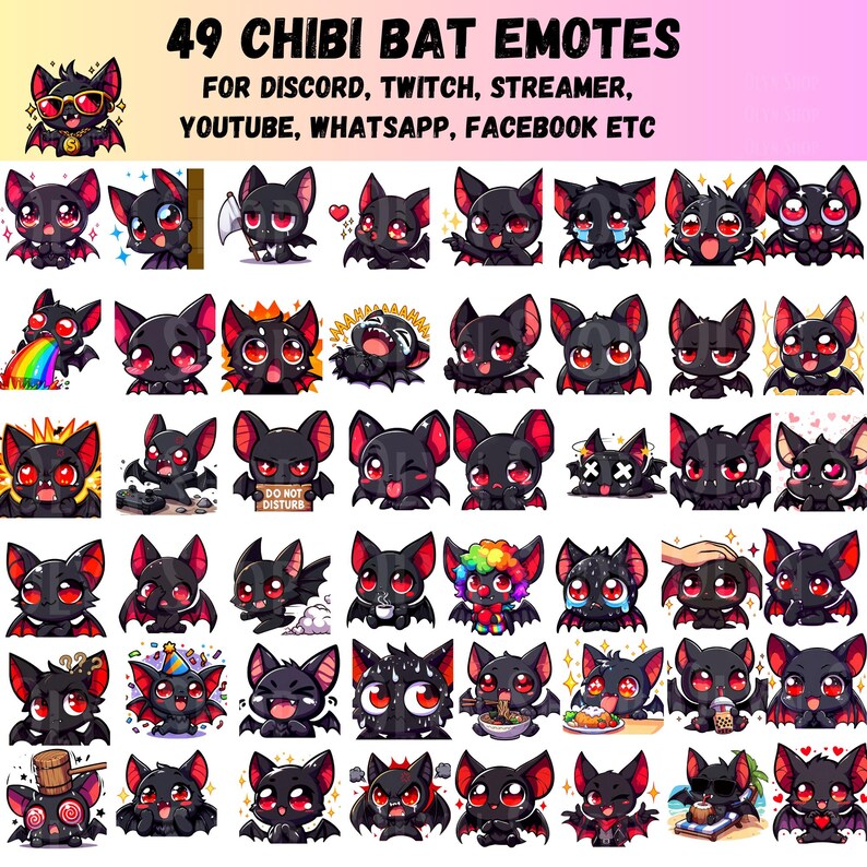 49 Chibi Black Bat Red Eyes EMOTES Pack Whatsapp | Twitch | Discord ...