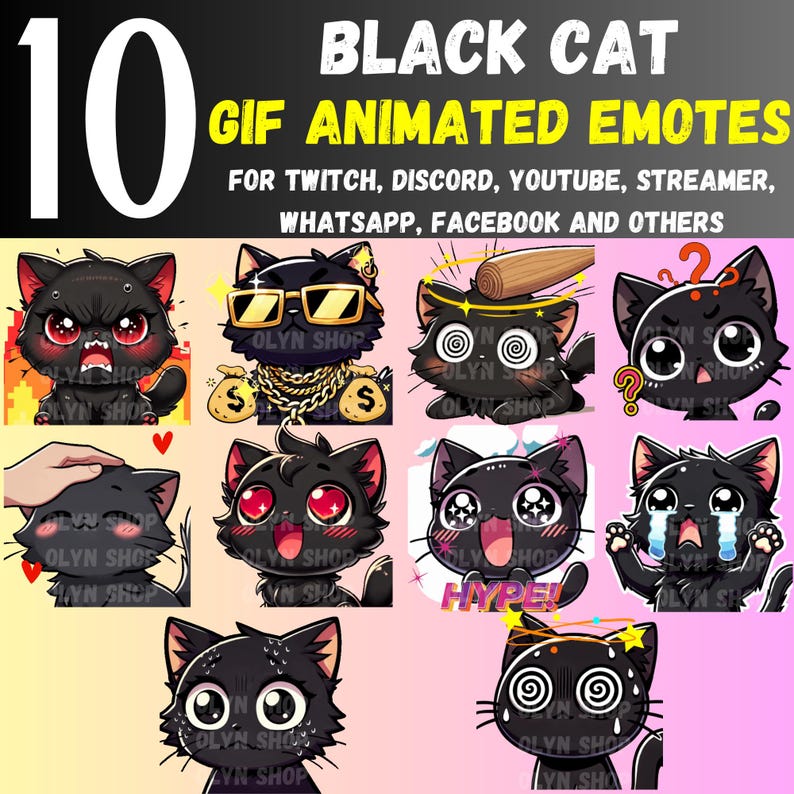10x BLACK CAT ANIMATED Gif Emotes Emoji Pack Whatsapp | Twitch ...