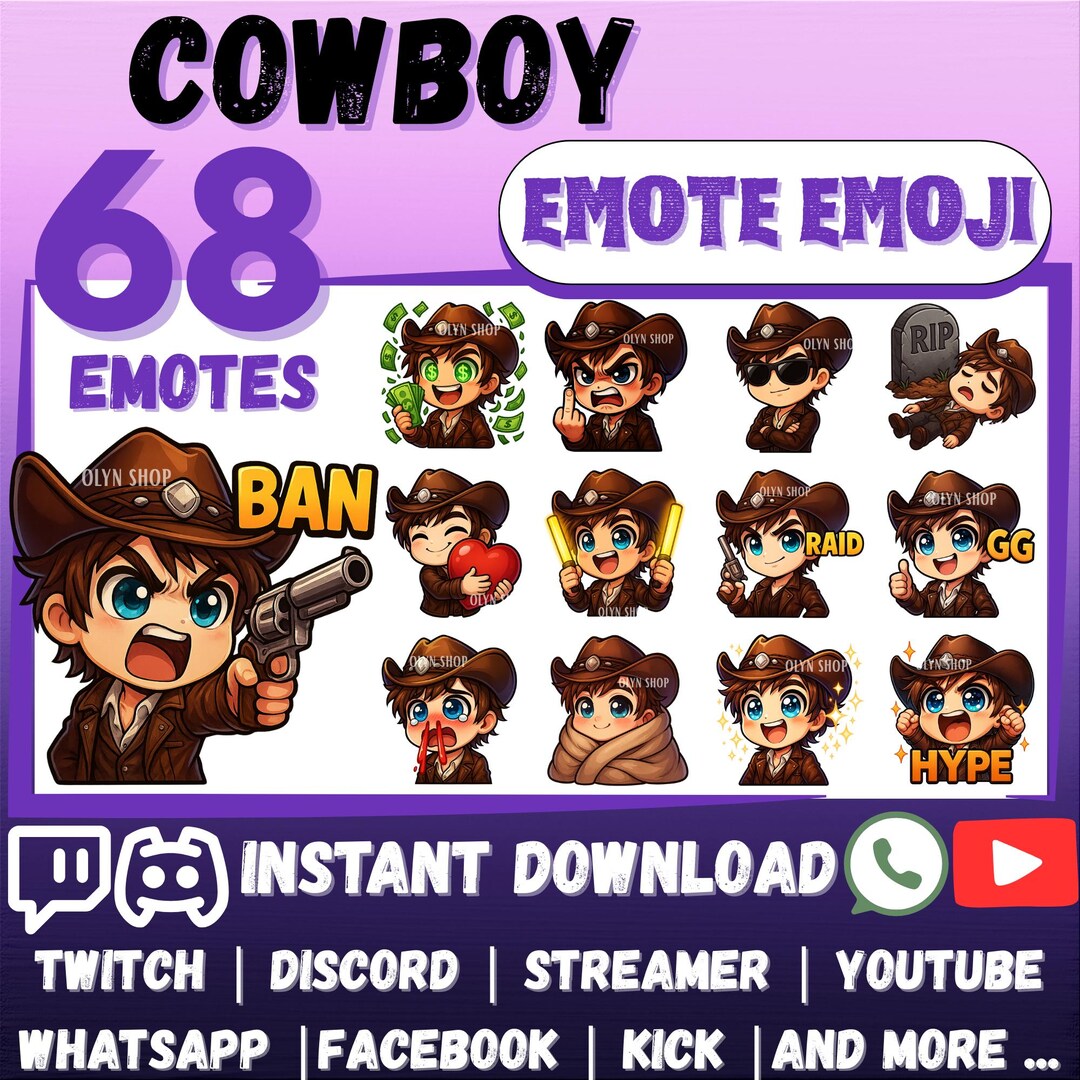 MEGA 68 Emote Emoji Bundle Cowboy for Whatsapp | Twitch | Discord ...