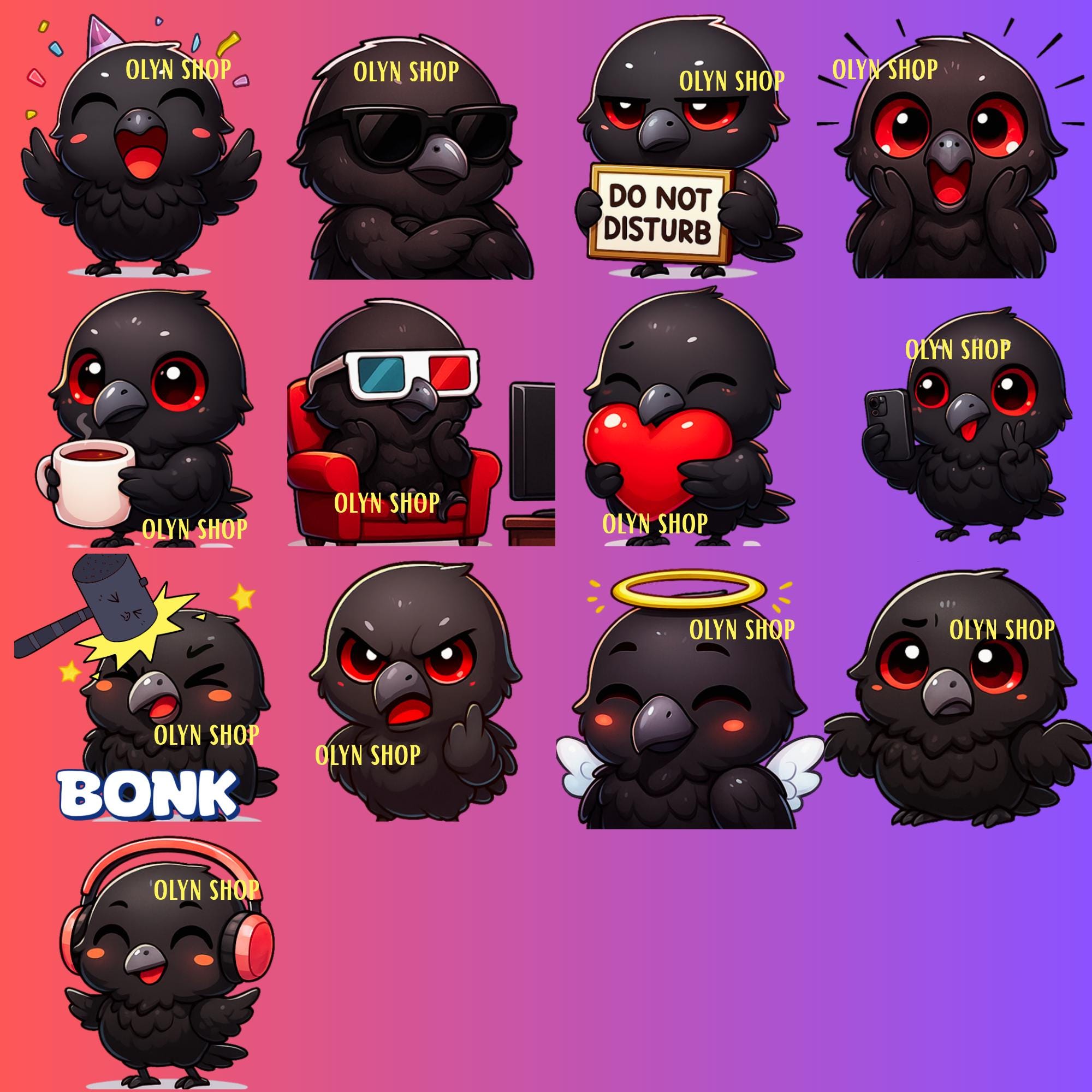 MEGA 63 Emote Emoji Bundle Chibi Black Raven - Crow Emote Emoji for ...