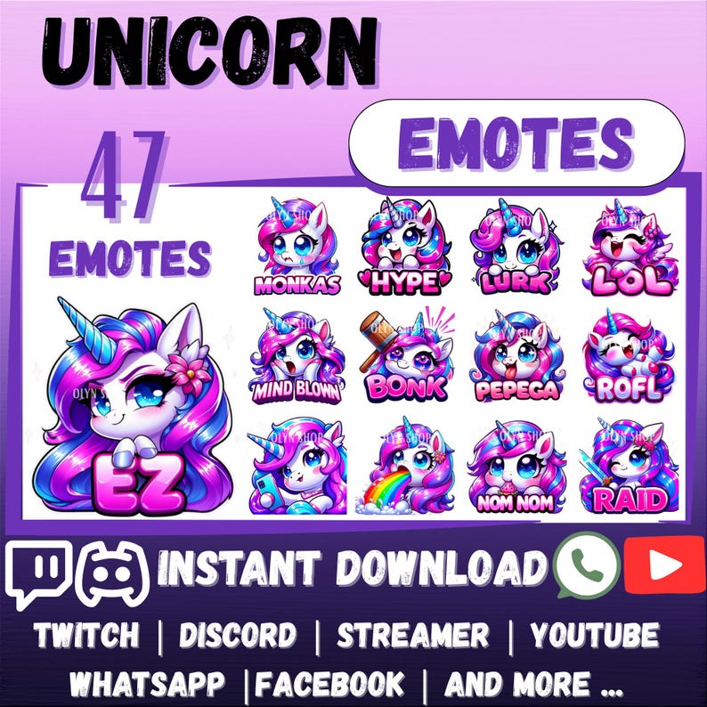 MEGA 47 Emote Emoji Bundle CHIBI Kawaii UNICORN Whatsapp | Twitch ...