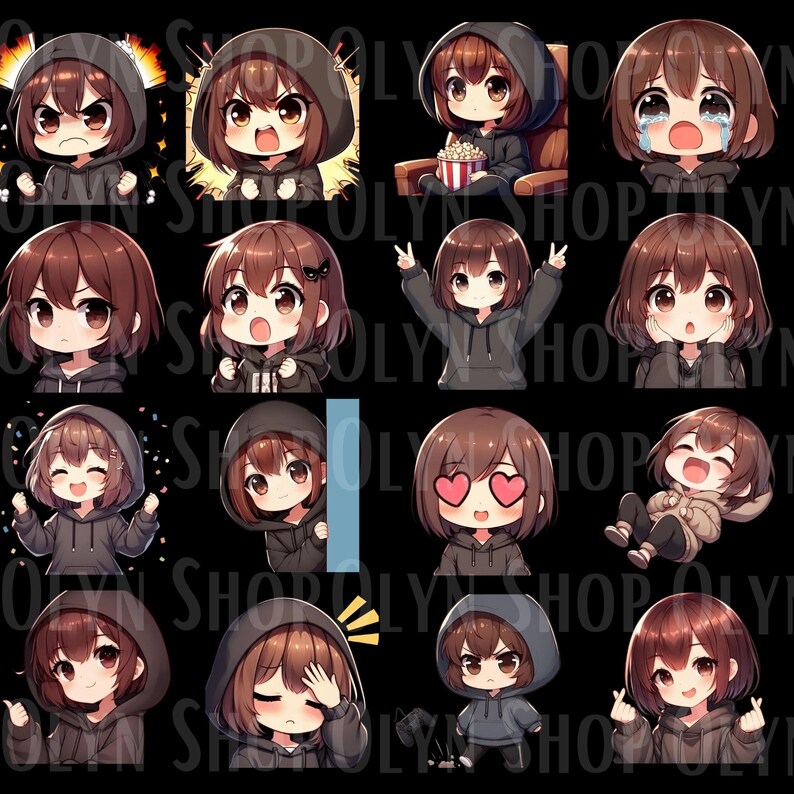 55 Chibi Girl Hoodie Emotes Mega Pack | Cute Twitch Emotes, Discord ...